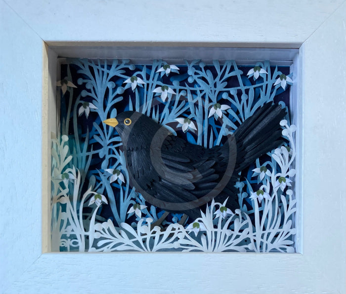 SOLD-Cheeky Chap, Blackbird, Miniature Original Paper Cut by Anna Cook